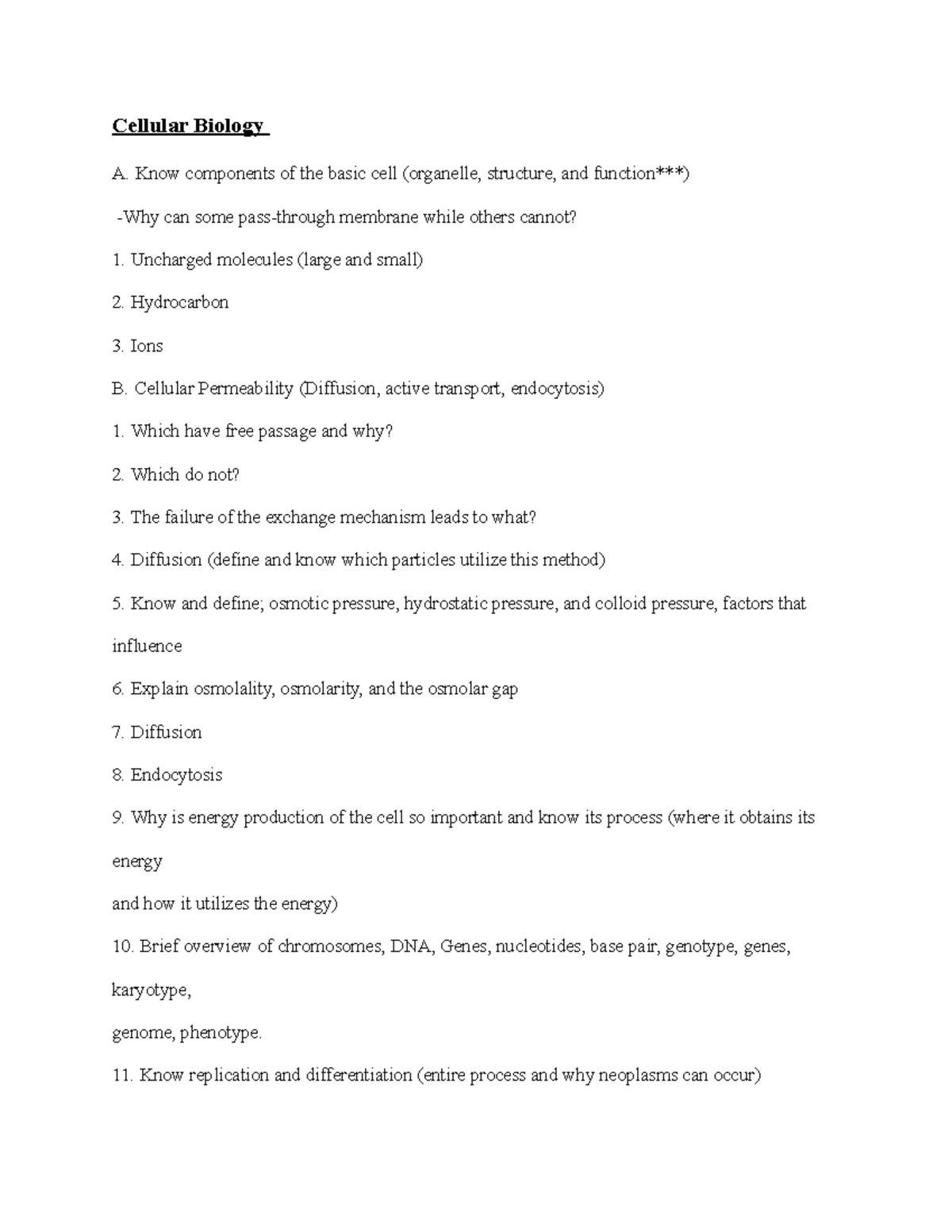 Cellular Biology study guide - Cellular Biology A. Know components of ...
