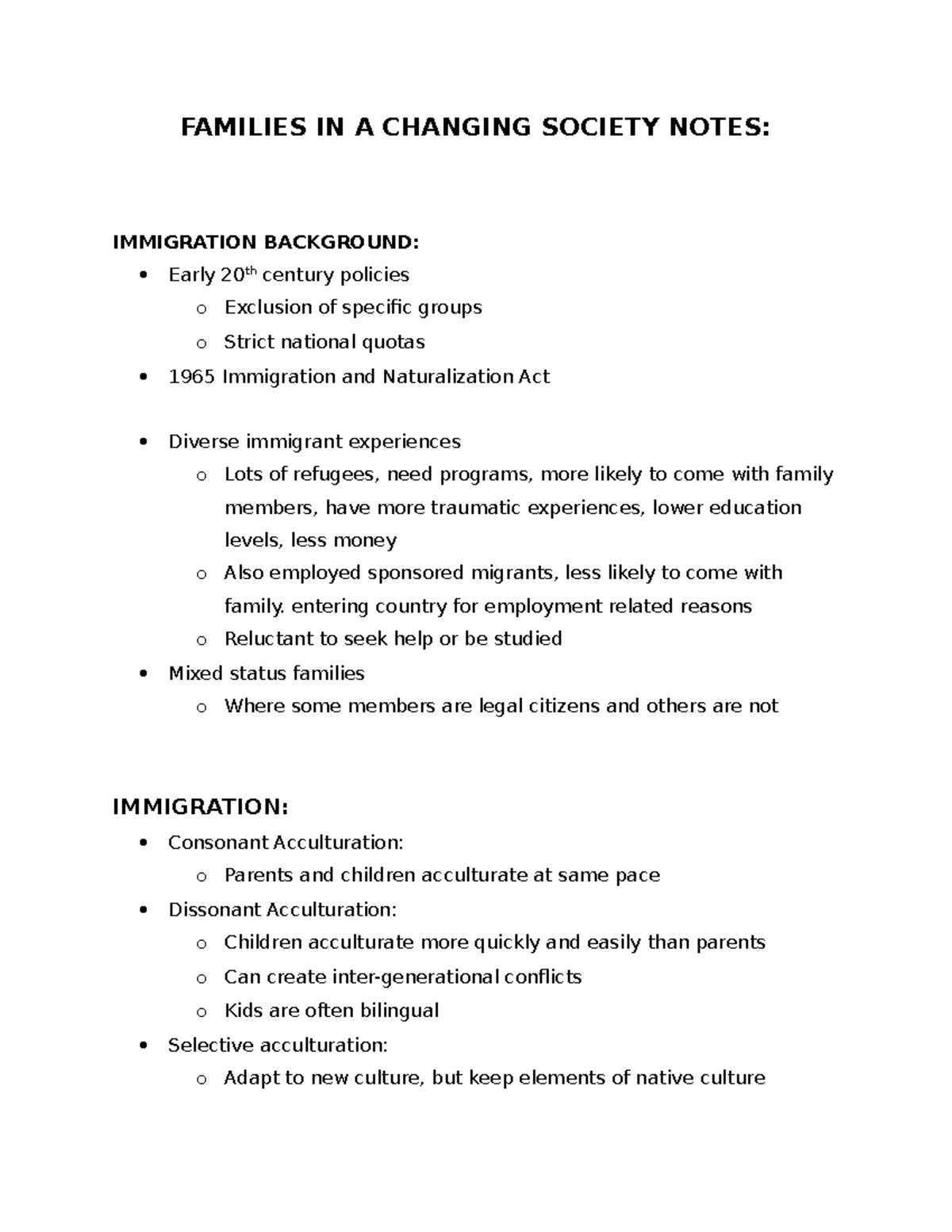 Family notes - FAMILIES IN A CHANGING SOCIETY NOTES: IMMIGRATION ...