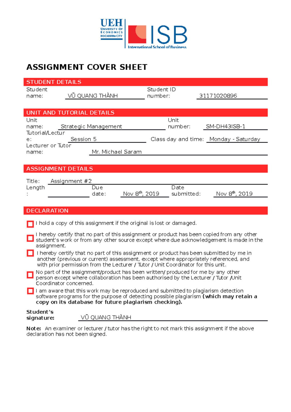 Assignment 2 Vũ Quang Thành - ASSIGNMENT COVER SHEET STUDENT DETAILS ...