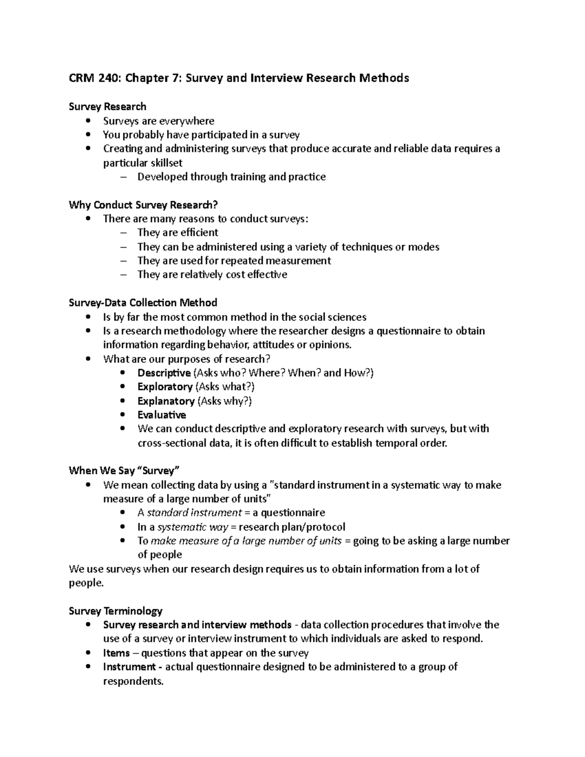 CRM 240 Chapter 7 - Rhissa Robinson - CRM 240: Chapter 7: Survey and ...