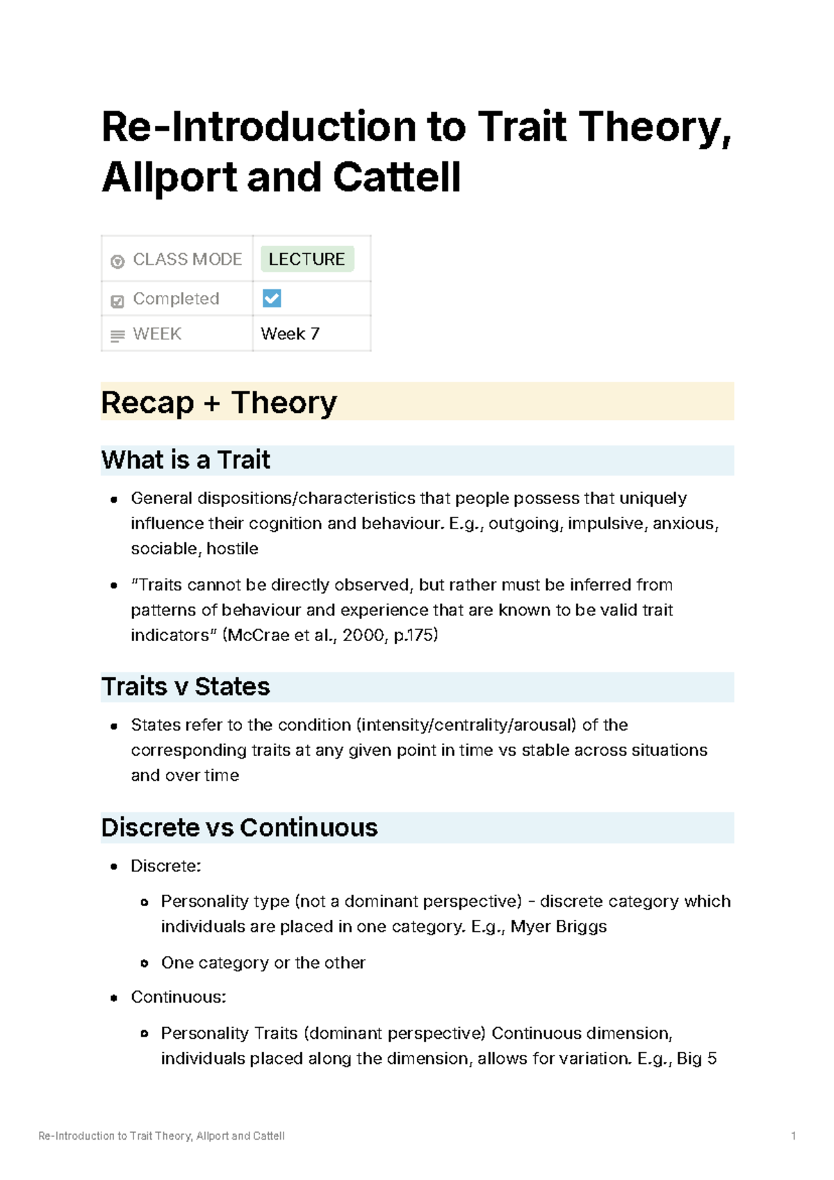Re-Introduction to Trait Theory, Allport and Cattell - Re-Introduction ...