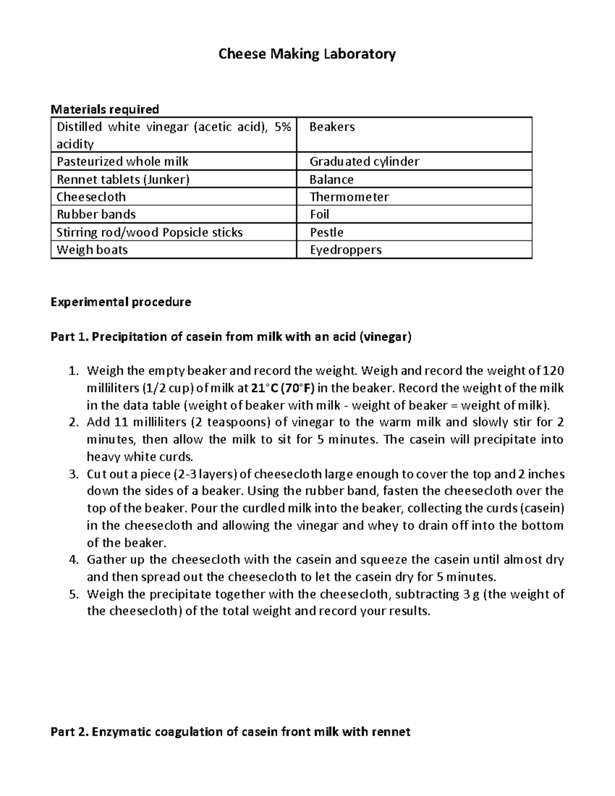 Cheese making laboratory - Cheese Making Laboratory Materials required ...