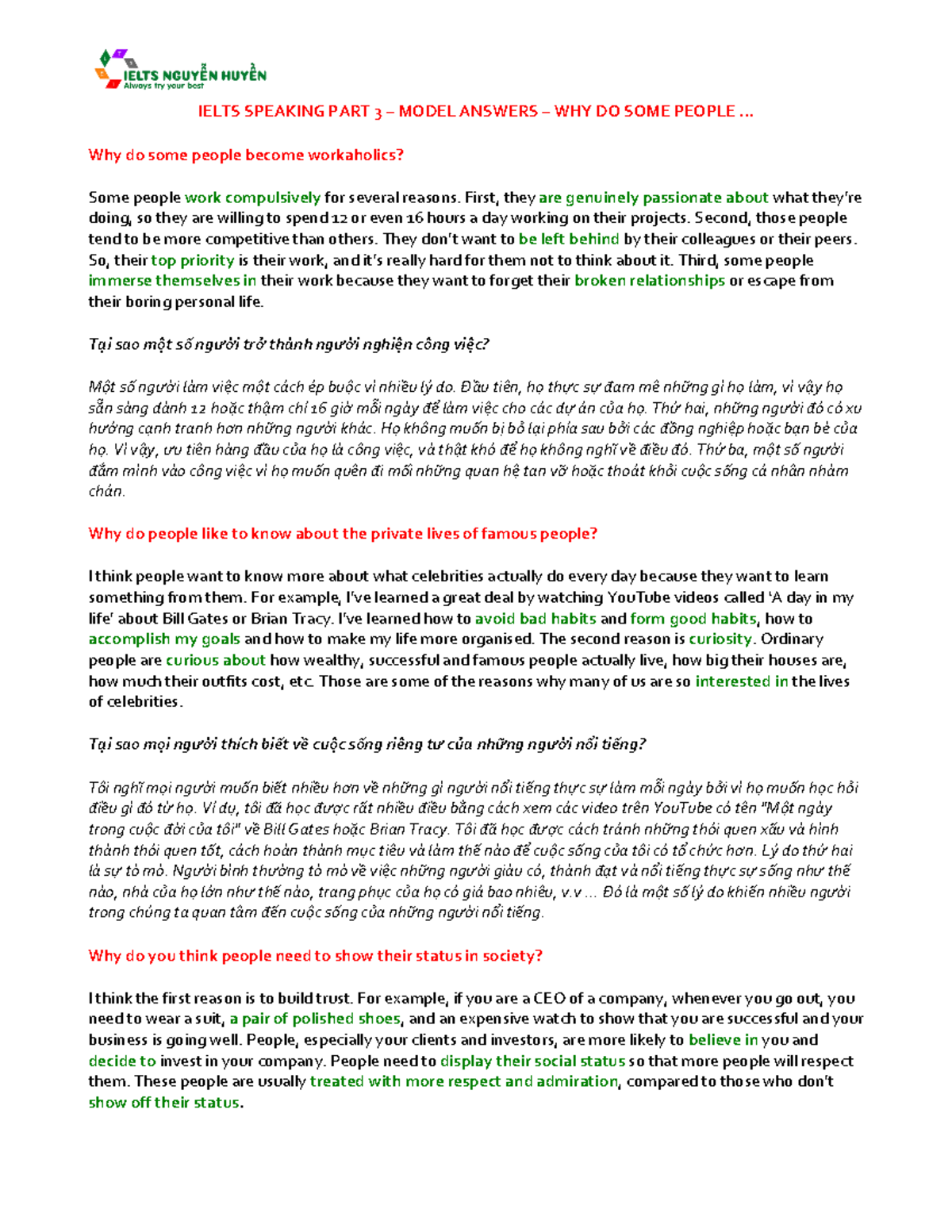 Ielts Speaking Part 3 - Model Answers - Why do some people - IELTS ...