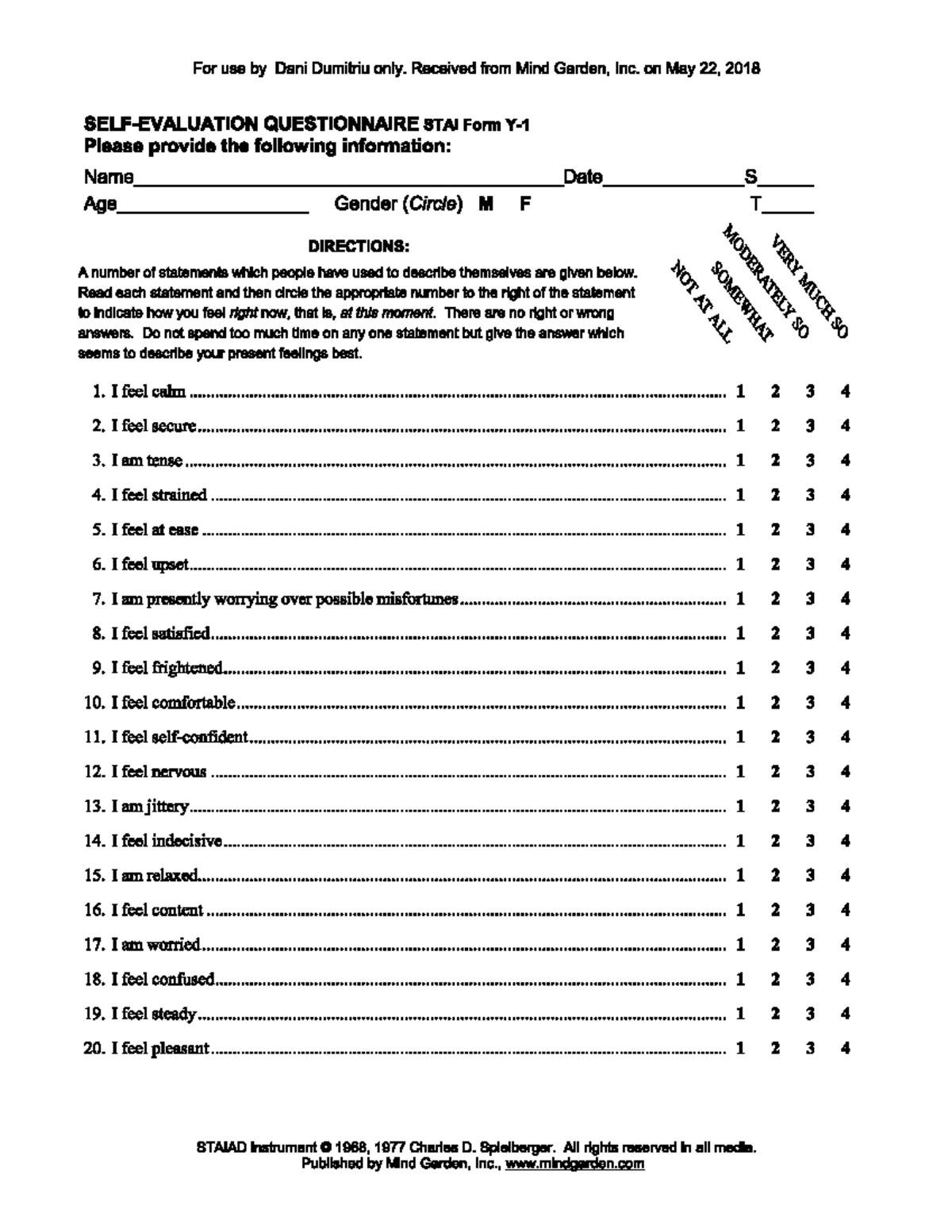 STAI inventory - for college going student. - Performance Management ...