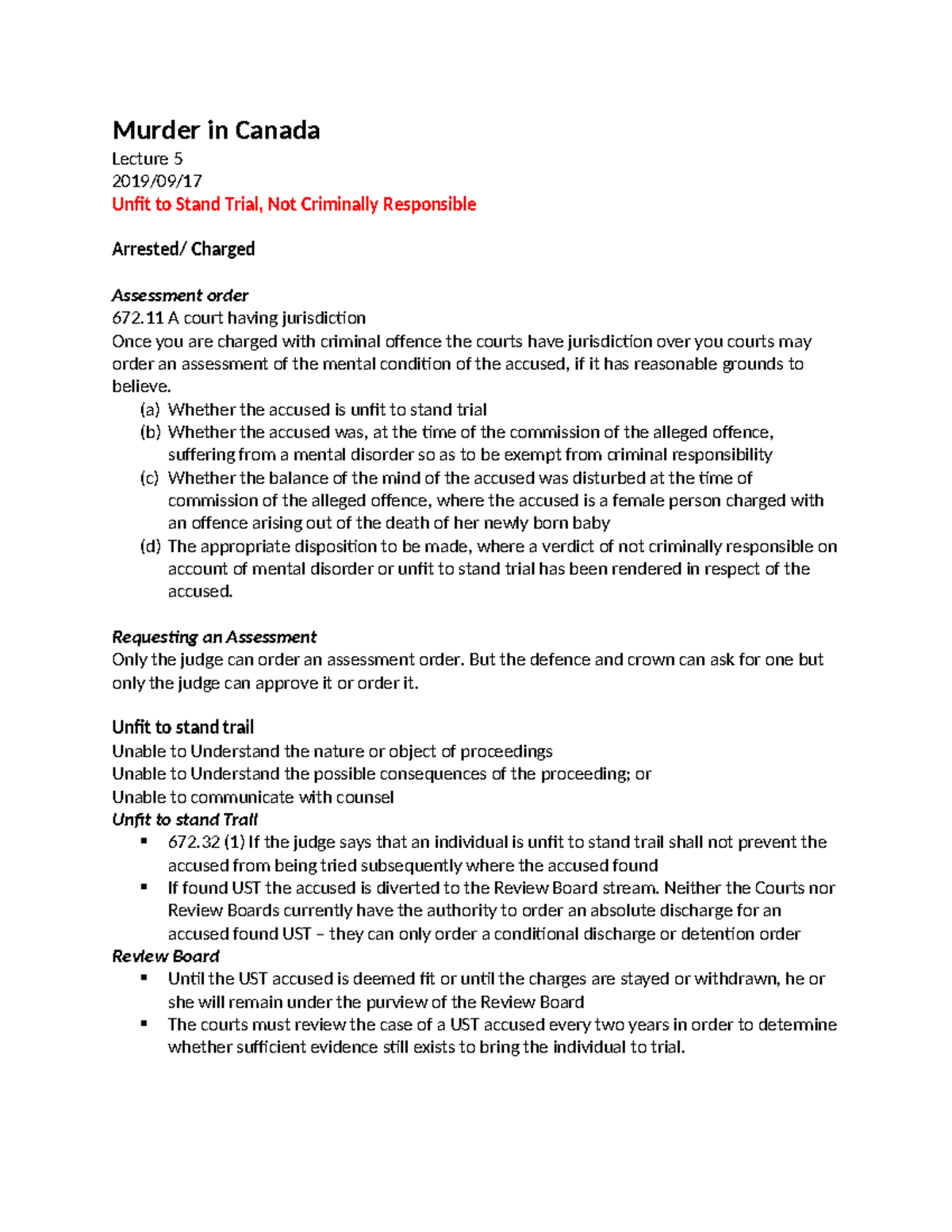Murder in Canada-L5 - Lecture notes - Murder in Canada Lecture 5 2019 ...