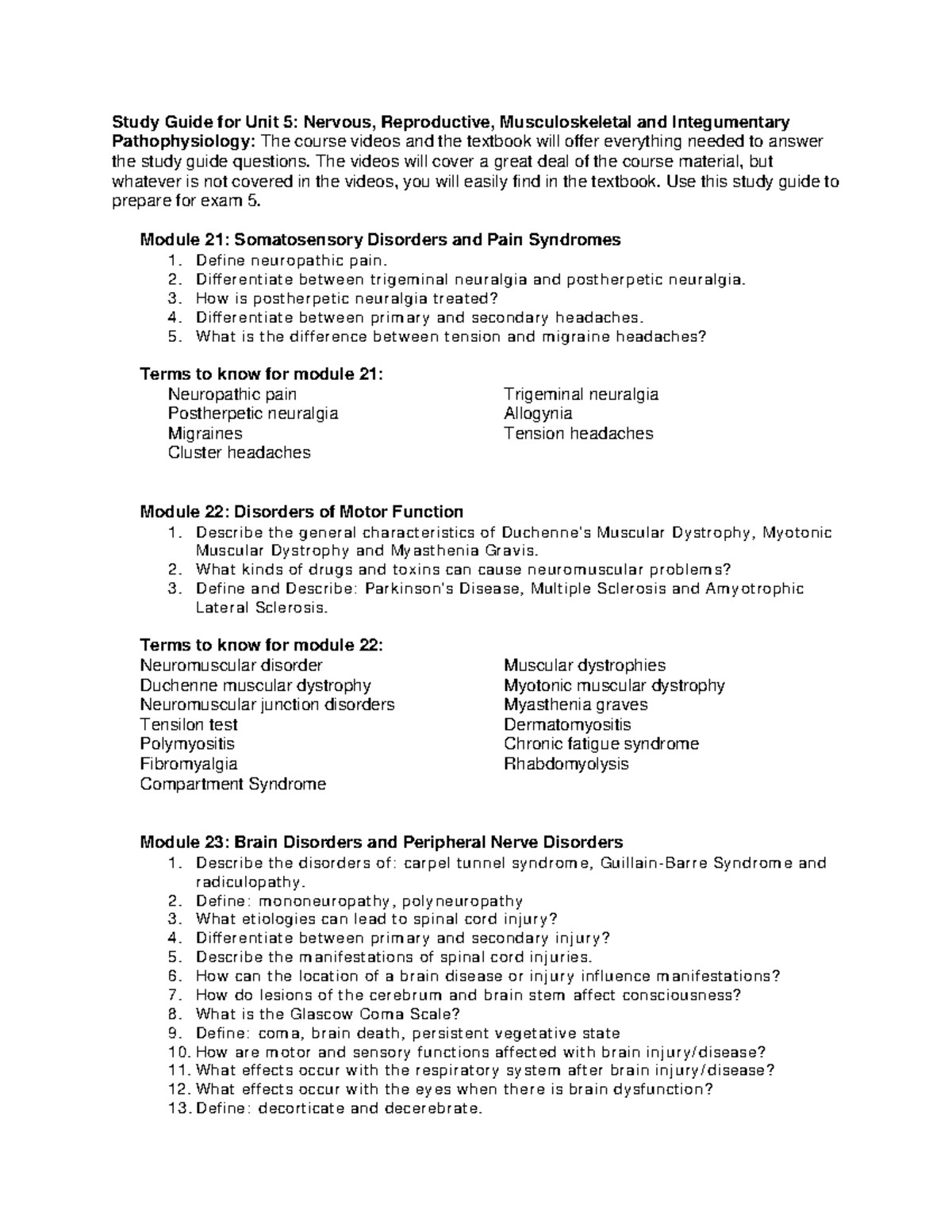 Unit 5 Study Guide - Study Guide for Unit 5: Nervous, Reproductive ...