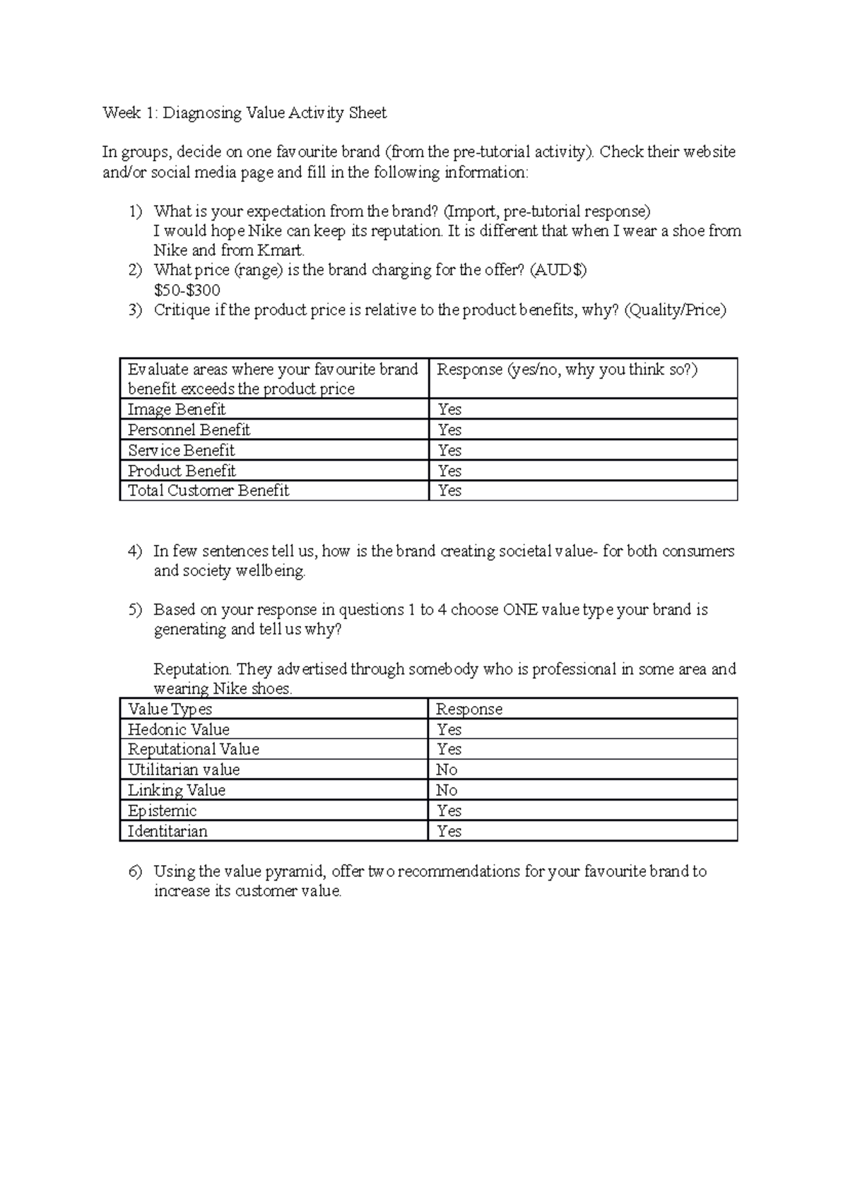 Week 1 Activity Sheet - Week 1: Diagnosing Value Activity Sheet In ...