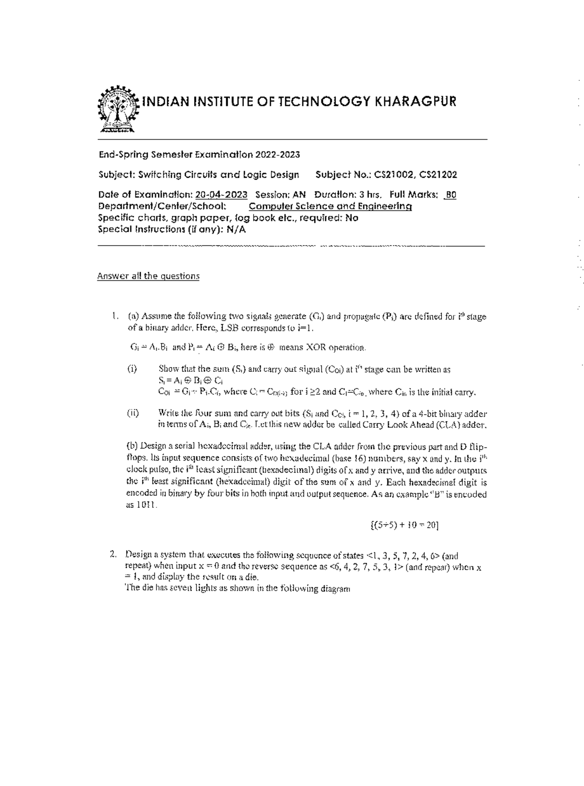 CS21002 Switching Circuits and Logic Design ES 2023 - Studocu