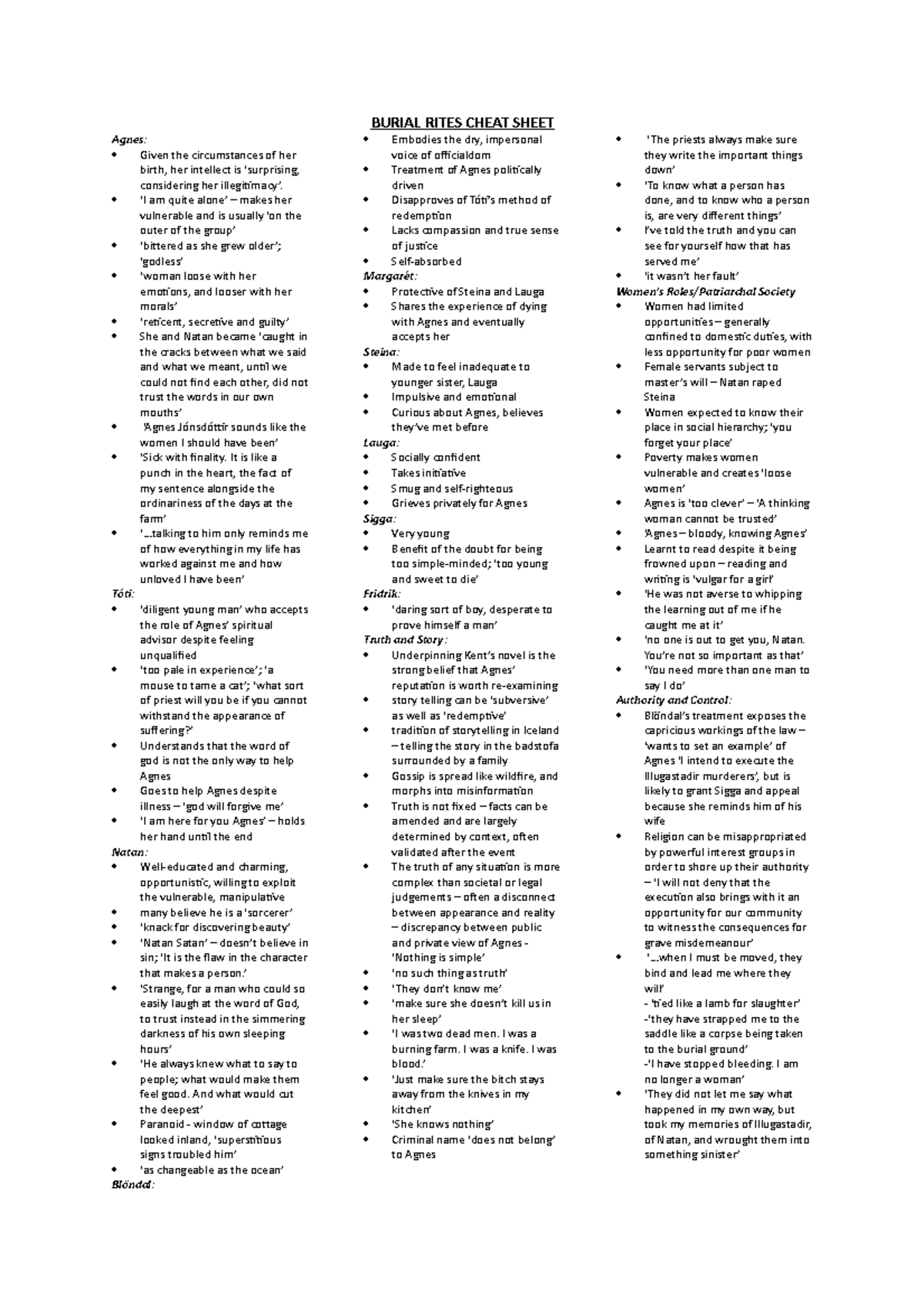 Burial Rites Cheat Sheet - BURIAL RITES CHEAT SHEET Agnes: Given the ...