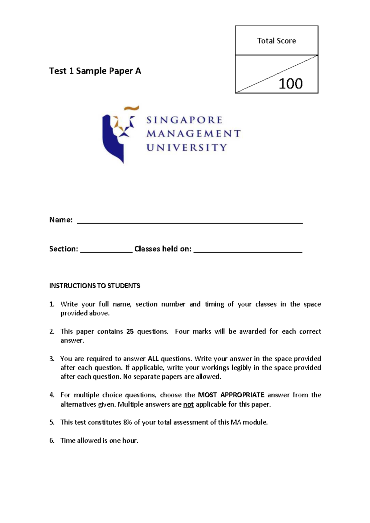 Test 1 12 August 2018, questions - Total Score Test 1 Sample Paper A ...