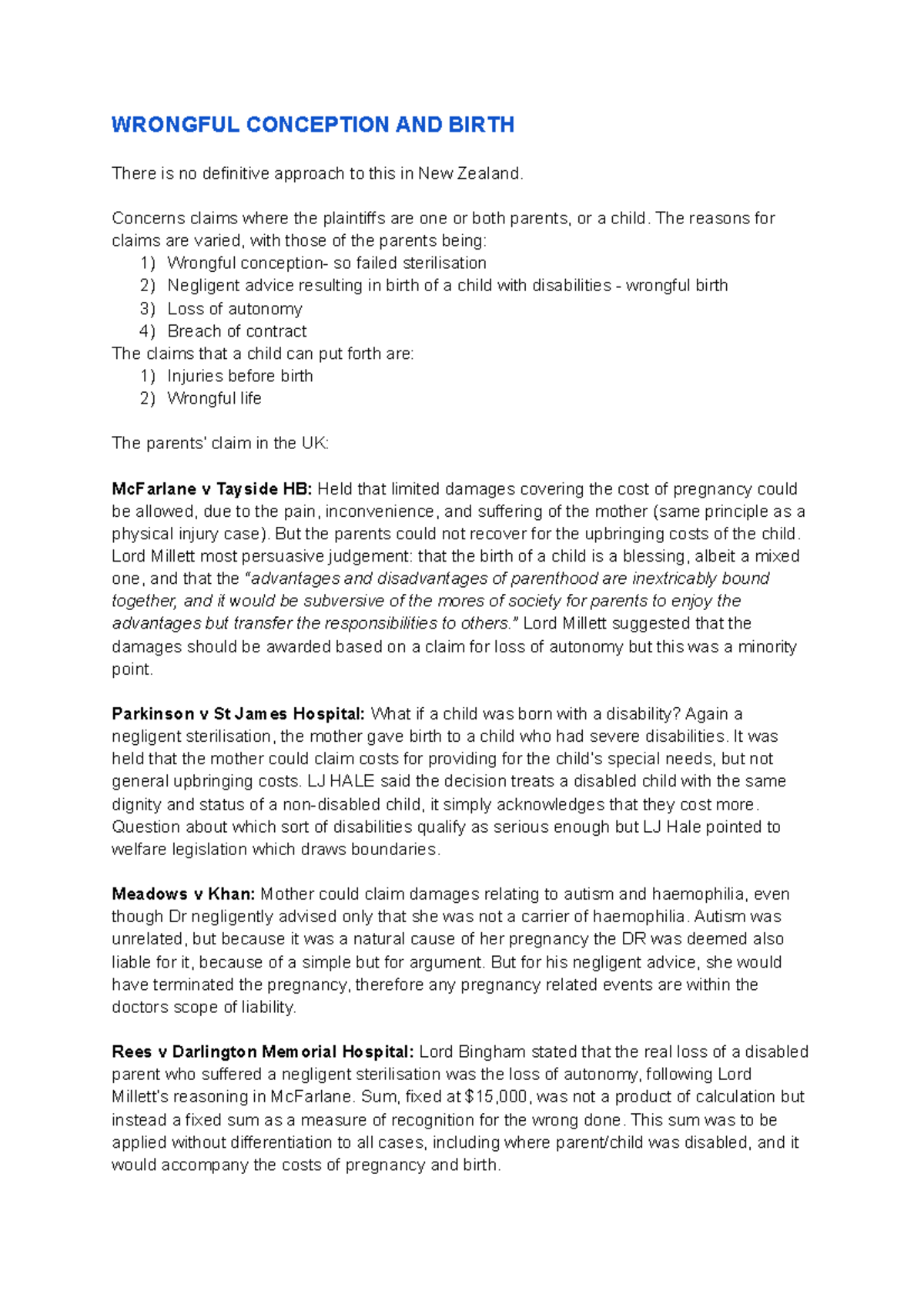 Wrongful Conception and Birth Summary - WRONGFUL CONCEPTION AND BIRTH There is no definitive ...