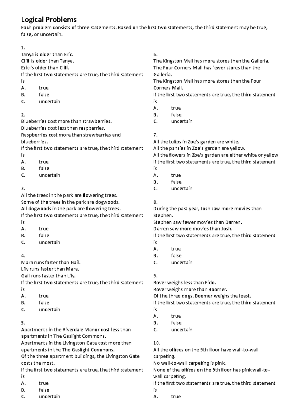 1. Logical Problems for students - Logical Problems Each problem ...
