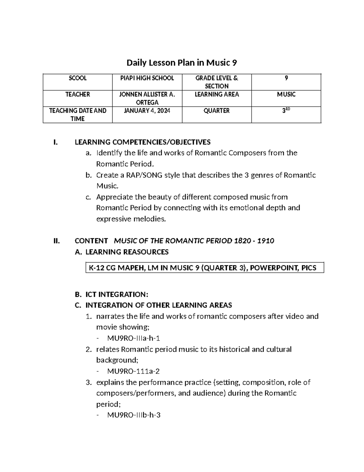 Lesson Plan g9 Piapihigh - Daily Lesson Plan in Music 9 SCOOL PIAPI ...