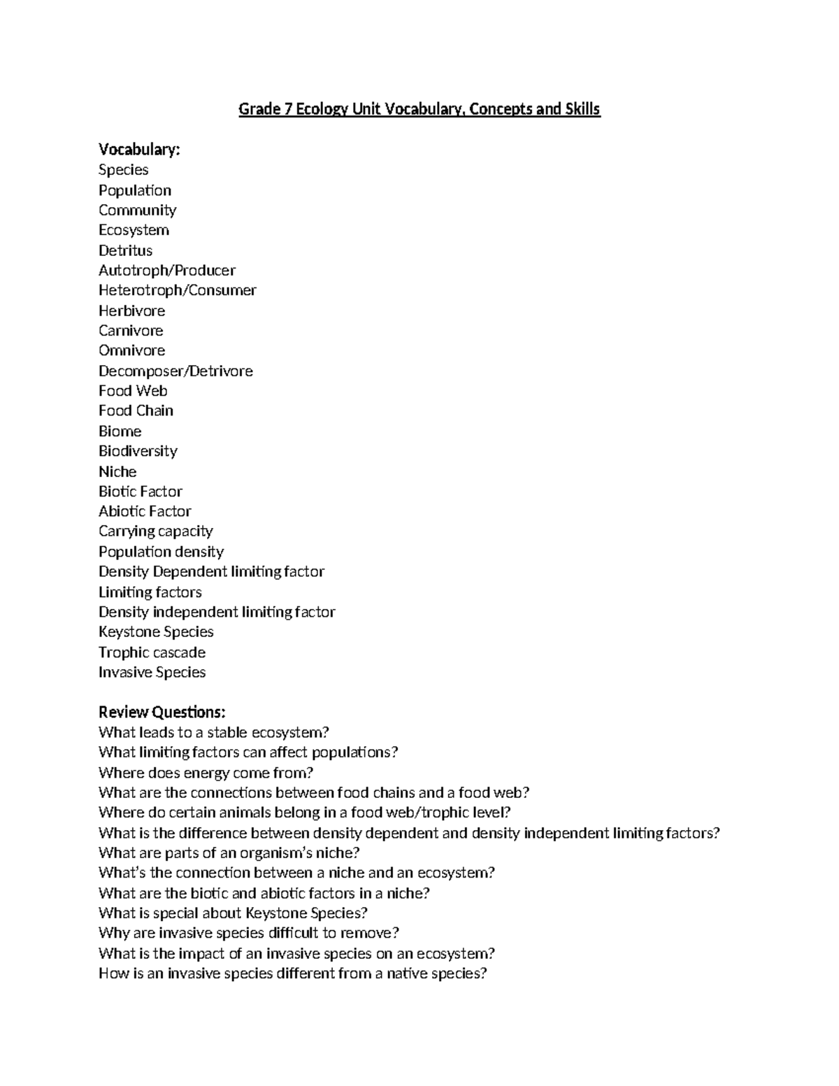 G7 Ecology Unit Vocabulary and Concepts - Grade 7 Ecology Unit ...