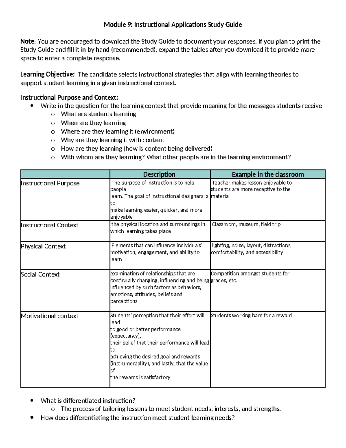 D094 d307 m9 study guide 9 - Module 9: Instructional Applications Study ...