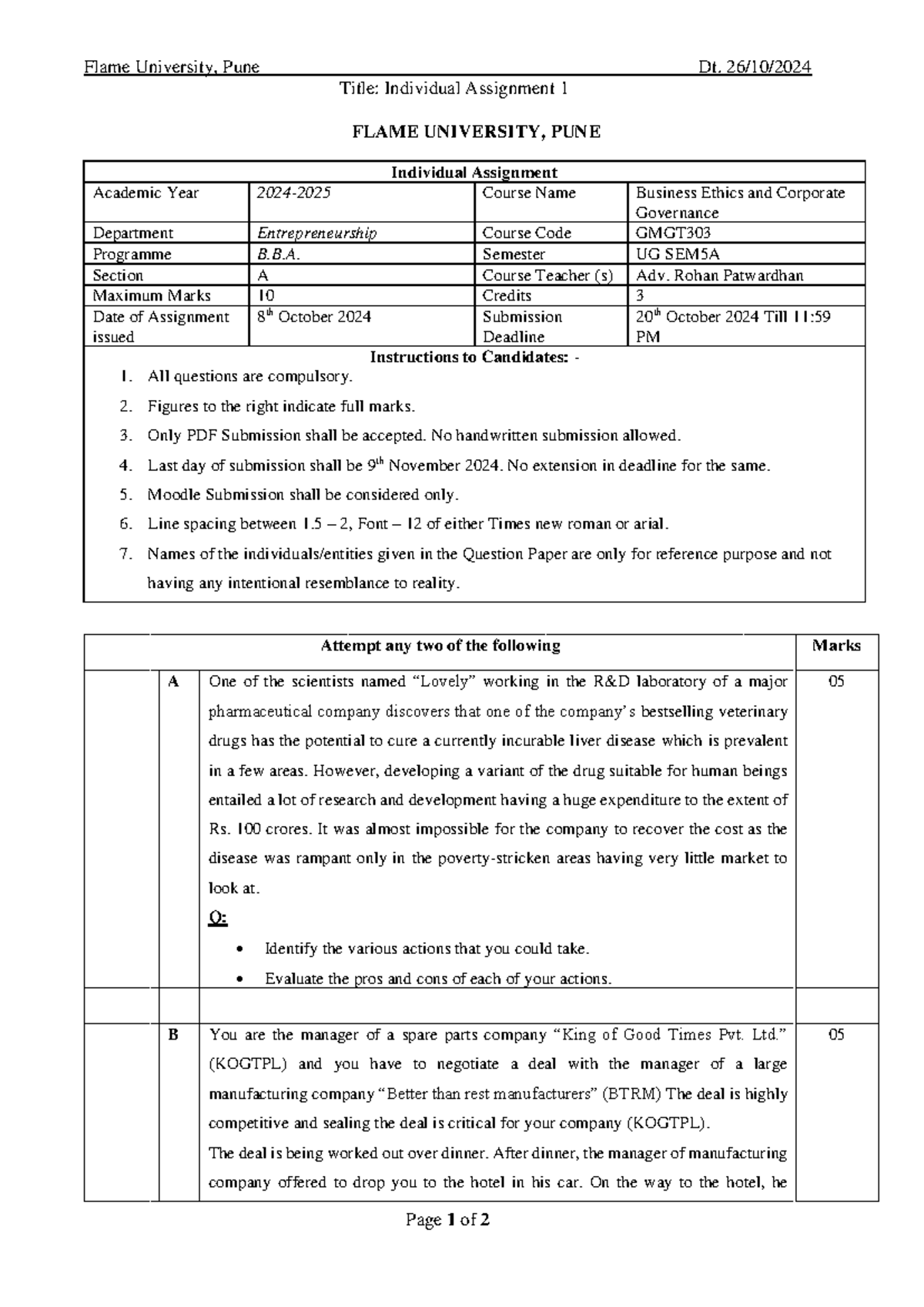 Assignment Question Paper - Flame University, Pune Dt. 26/10/ Page 1 of ...
