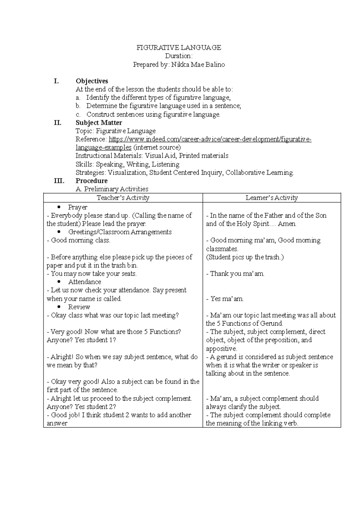 LP Figurative Language Grade 9 - FIGURATIVE LANGUAGE Duration: Prepared ...