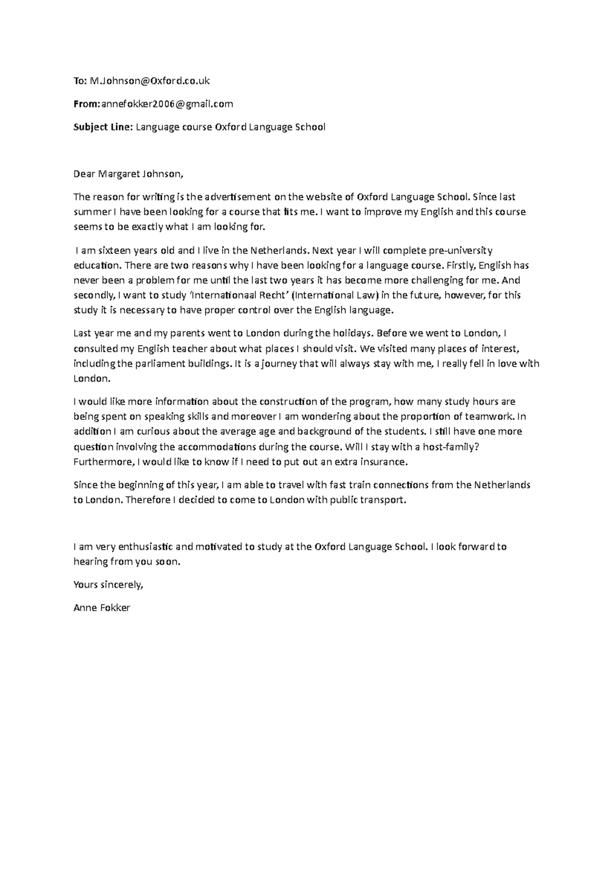 Engels Formal Email Anne Fokker - To: M@Oxford.co From:annefokker2006 ...