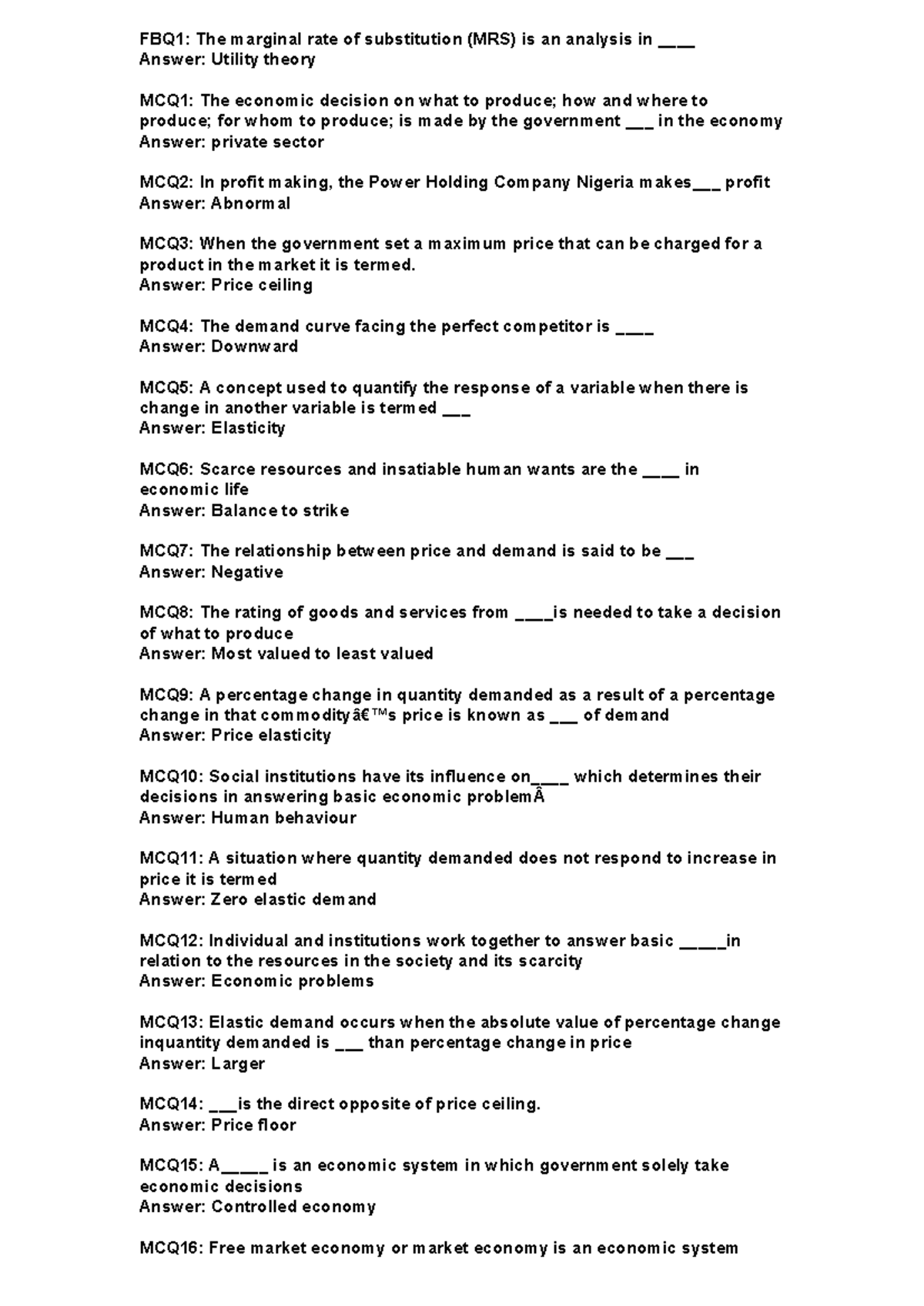 ECO121s - Summary Micro-Economic Theory I - FBQ1: The marginal rate of ...