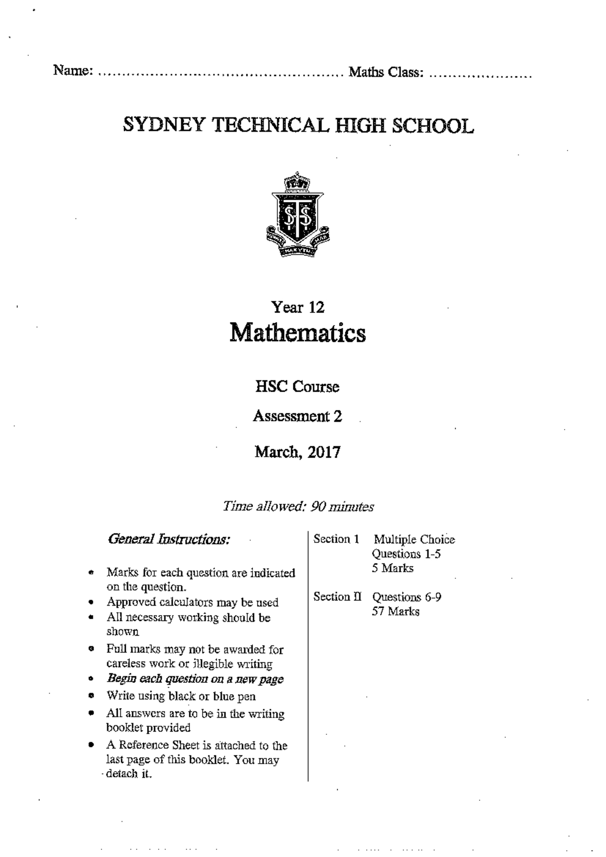 2017 2 unit hsc term 1 - Maths - Name: Maths Class: SYDNEY TECHNICAL ...