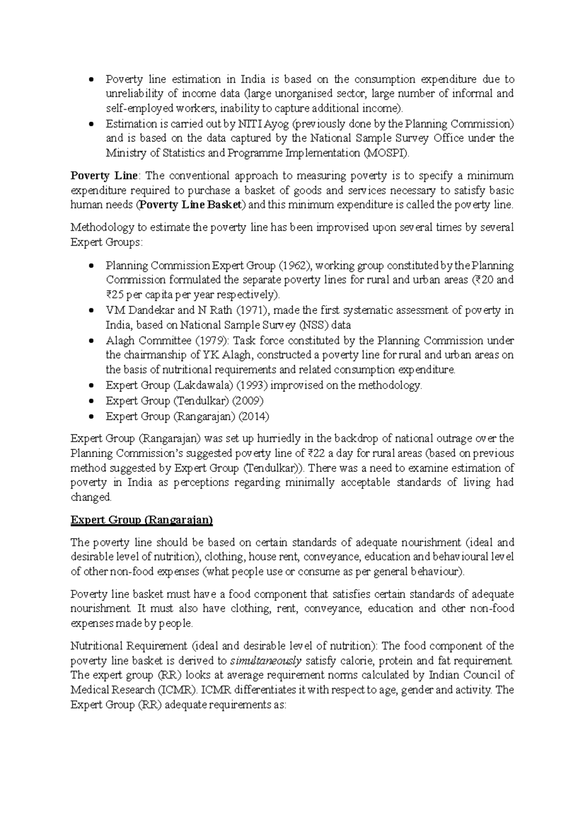 Expert Group (RR) - notes - Poverty line estimation in India is based ...
