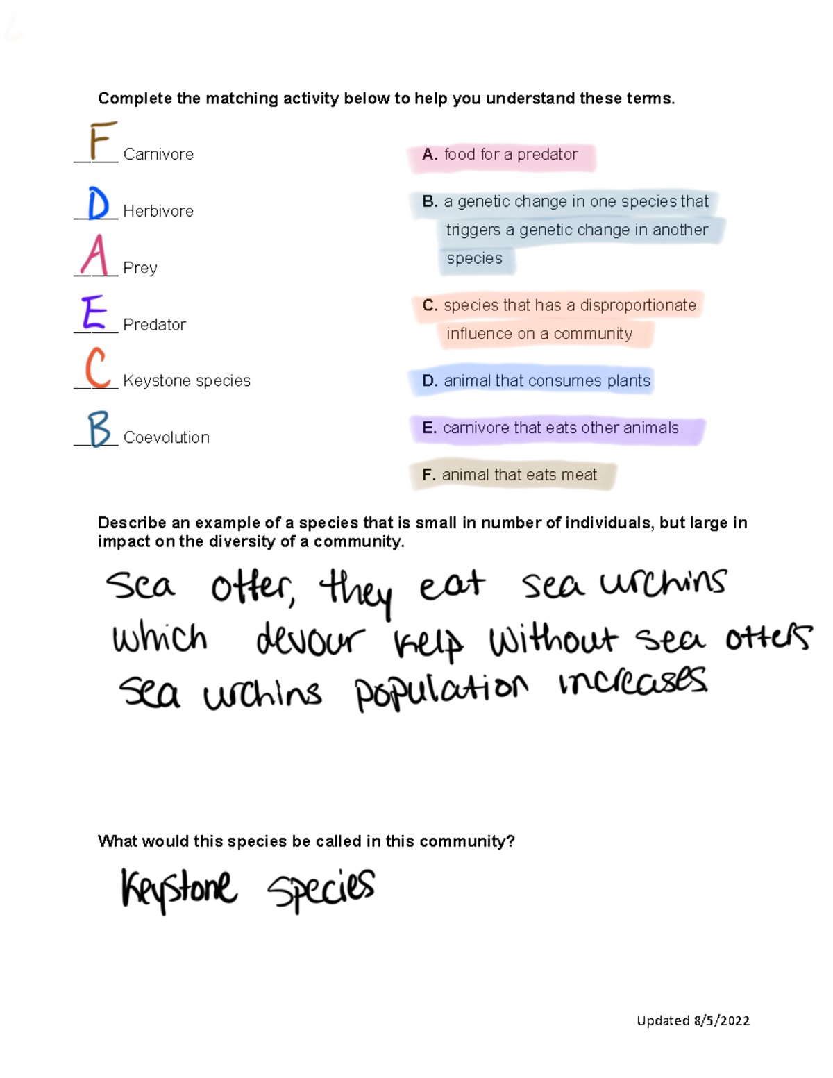communities and ecosystems - Updated 8/5/ Complete the matching ...