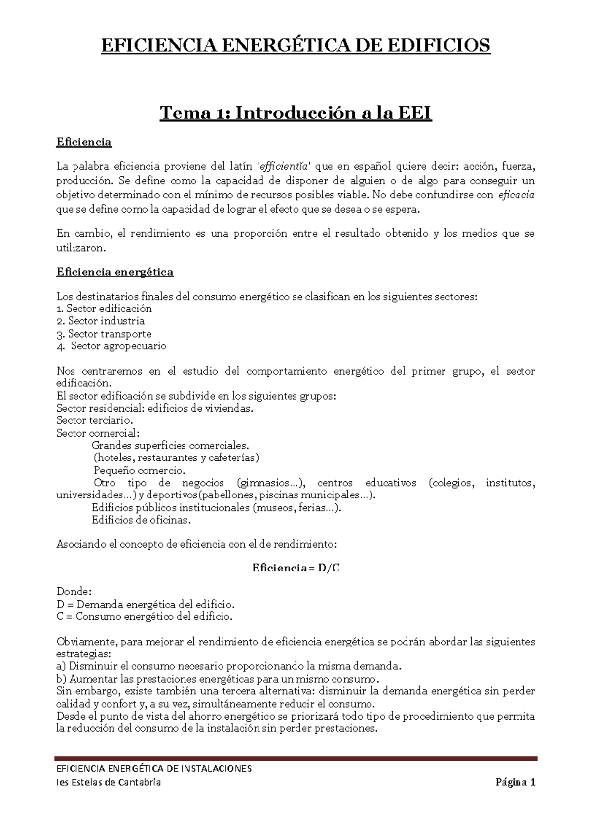 EEI -Tema 1 - Eficiencia - EFICIENCIA ENERGÉTICA DE INSTALACIONES EFICIENCIA ENERGÉTICA DE ...