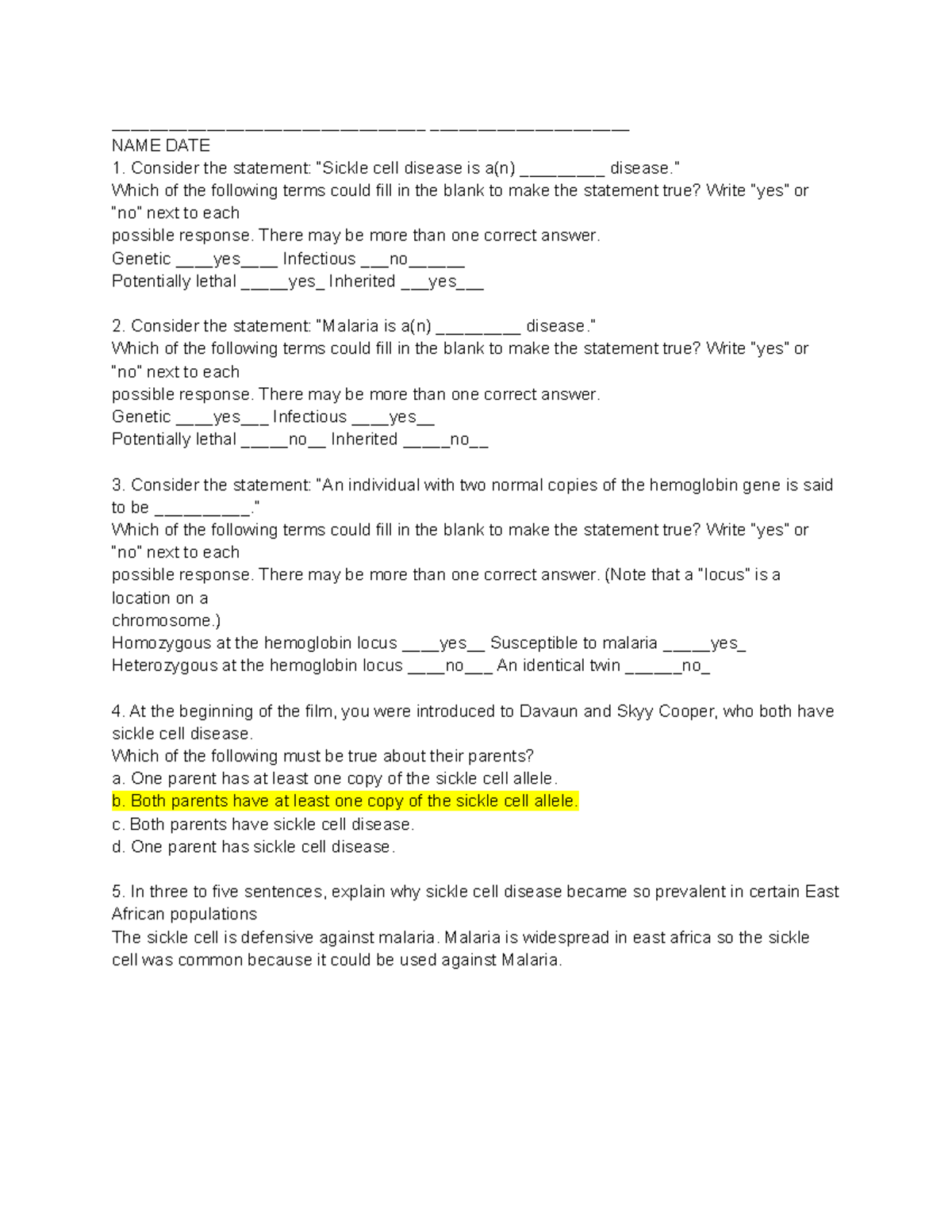 Sickle Cell WS Answer Key - Horlick High School - Studocu