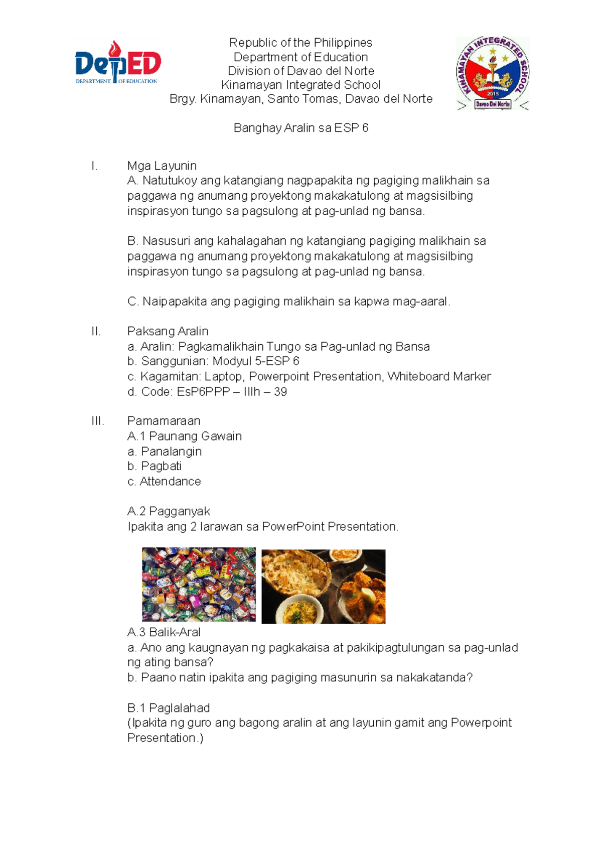 Banghay Aralin sa ESP 6 - ESP 6 Lesson Plan - Republic of the ...