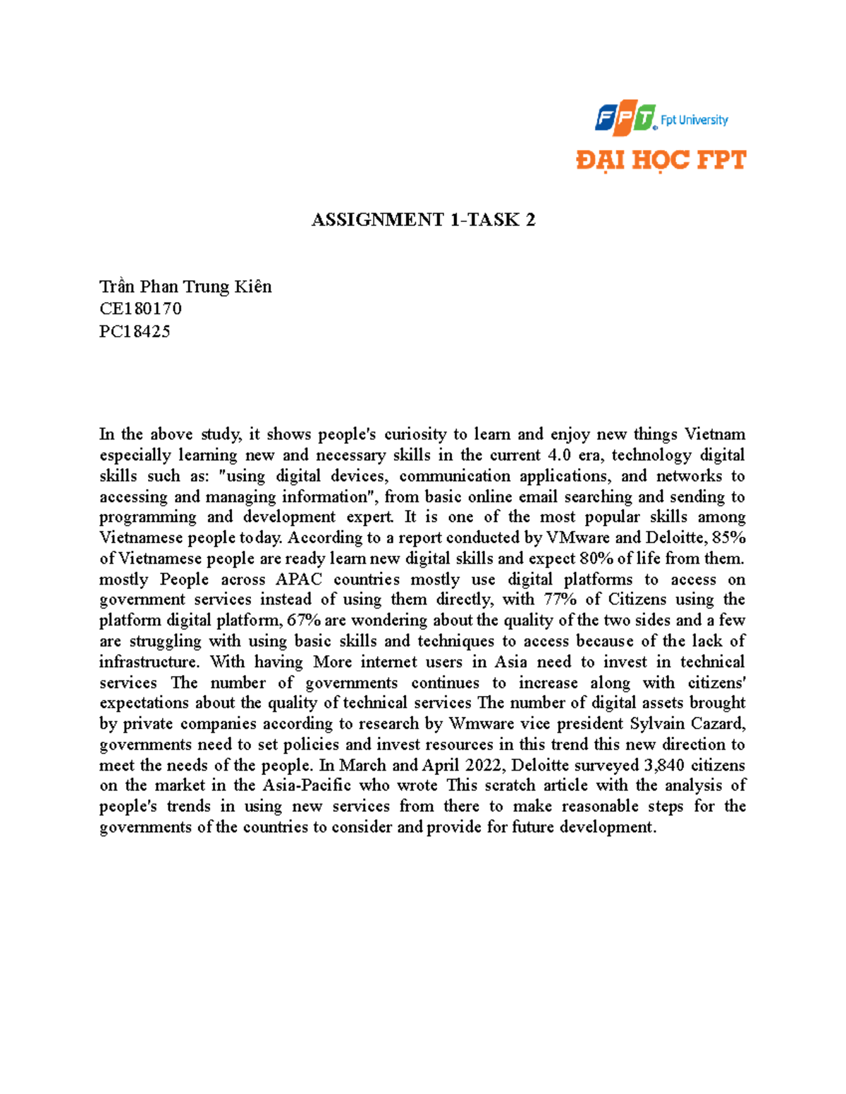 Assignment 1 task 2 - ASSIGNMENT 1-TASK 2 Trần Phan Trung Kiên CE PC In the above study, it ...