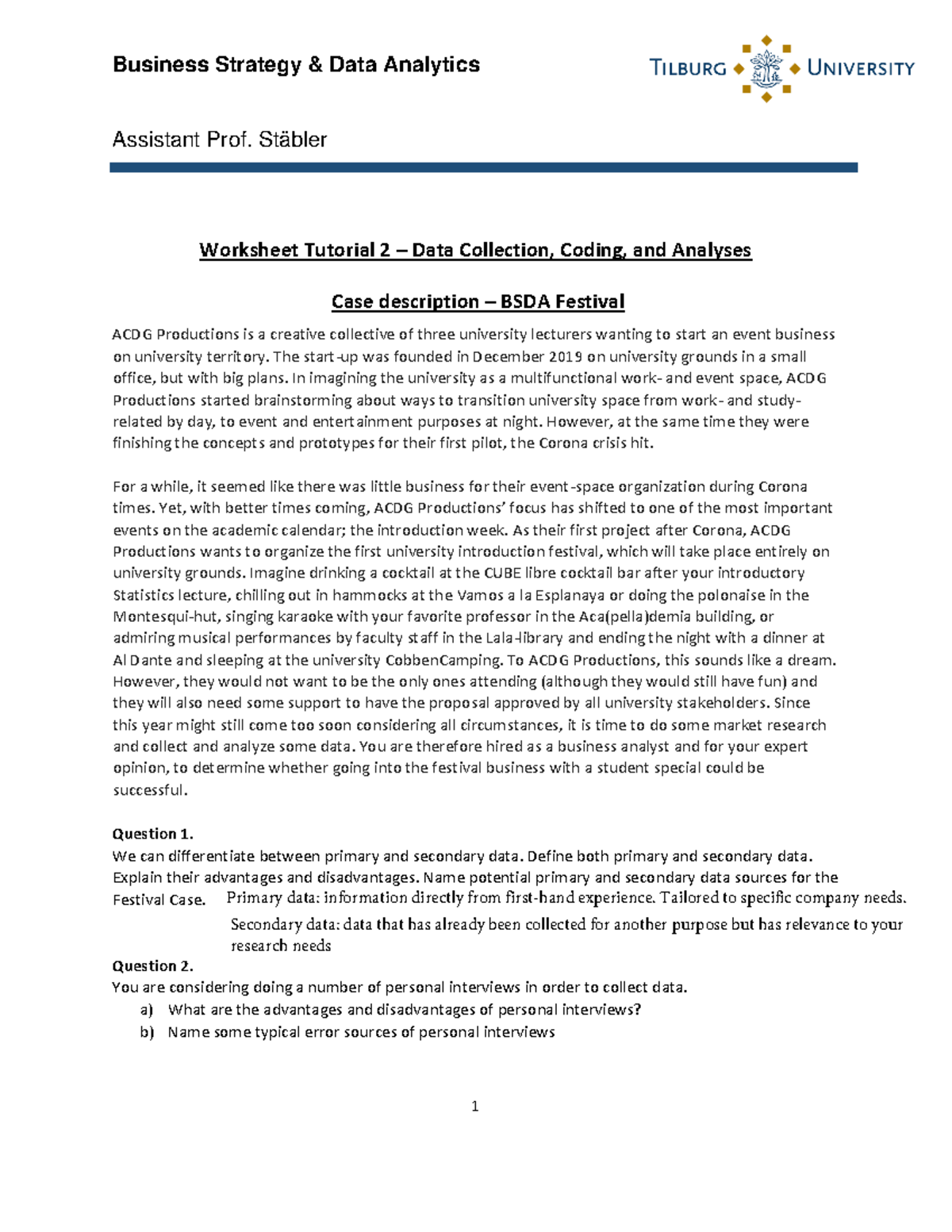 Bsda tutorial 2 - Assistant Prof. Stäbler Worksheet Tutorial 2 – Data Collection, Coding, and ...
