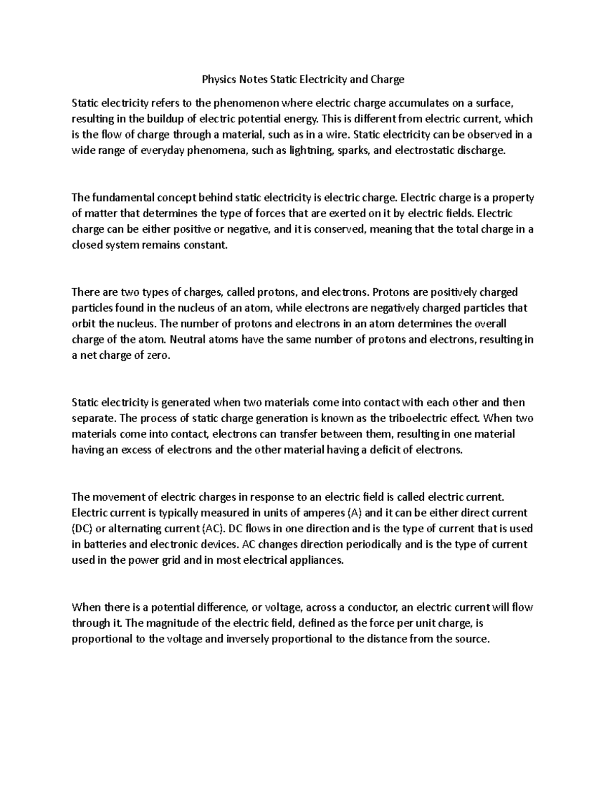 Physics Notes Static Electricity and Charge - This is different from ...