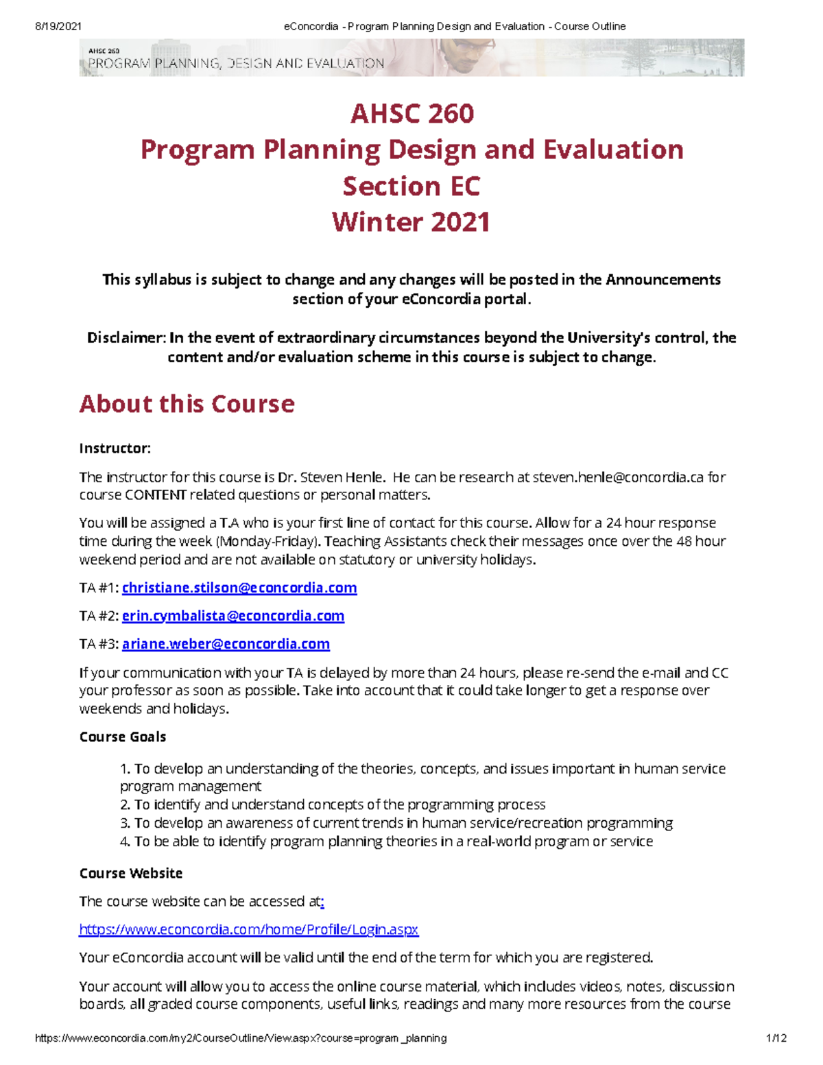 AHSC 260- Program Planning Design and Evaluation - Course Outline - AHSC 260 Program Planning ...
