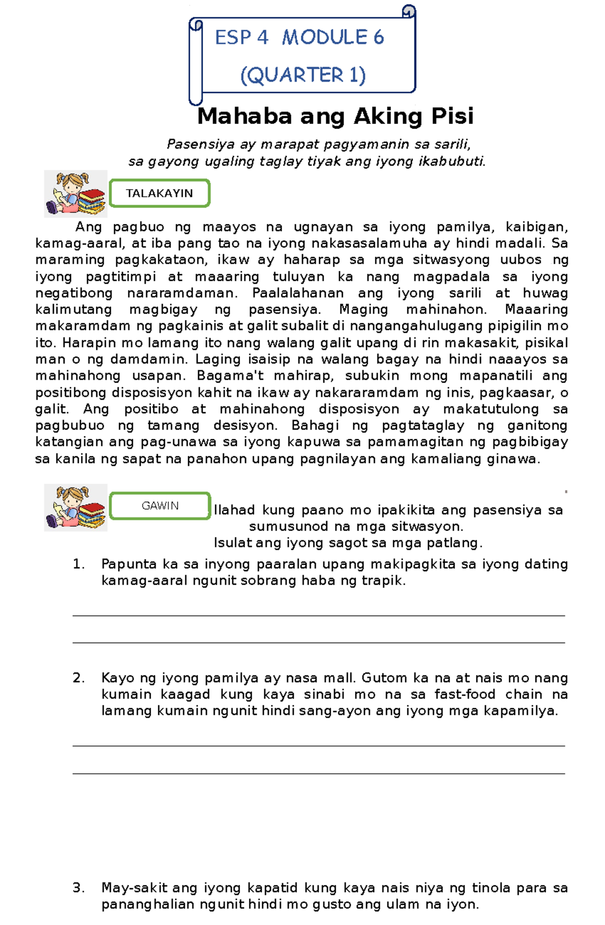 6. ESP4 W6 q1 Mahaba ang aking pisi - Mahaba ang Aking Pisi Pasensiya ...