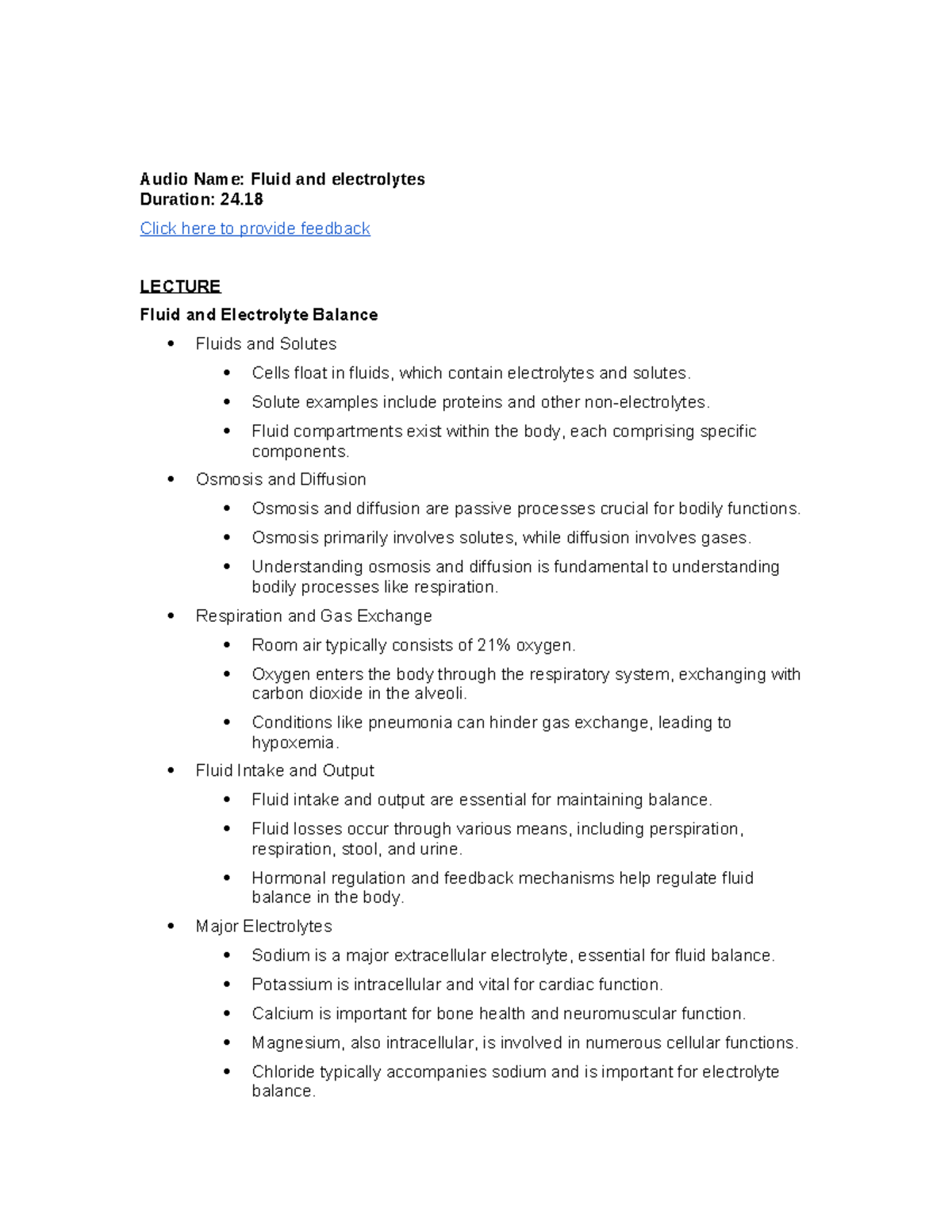Fluid and electrolytes Summary Notes - Audio Name: Fluid and ...
