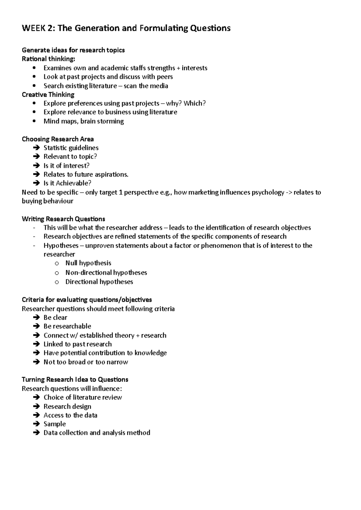 Research Methods WEEK 2 - WEEK 2: The Generation and Formulating ...