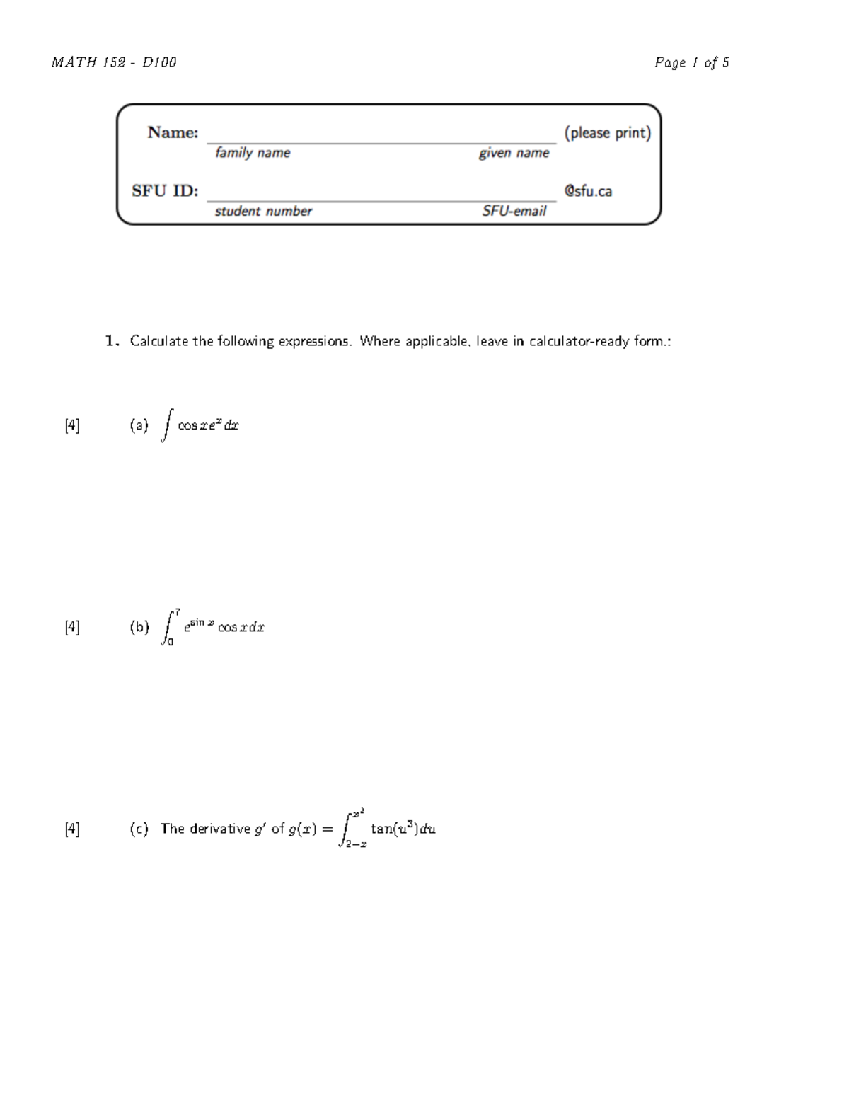 Mock mid term 1 - mock / sample midterm 1 - 1. Calculate the following ...