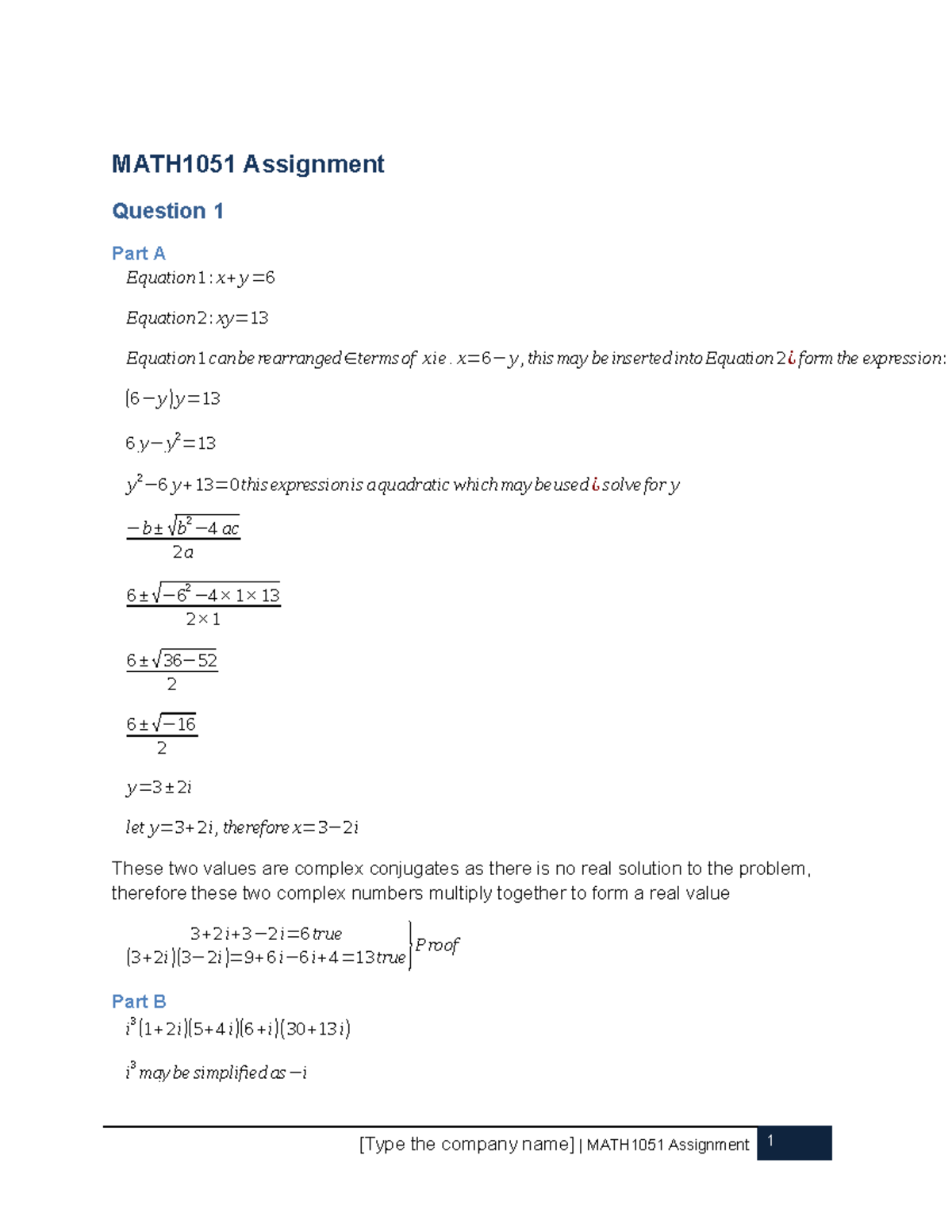 MATH1051 Assignment 1 - MATH1051 Assignment Question 1 Part A Equation1 ...