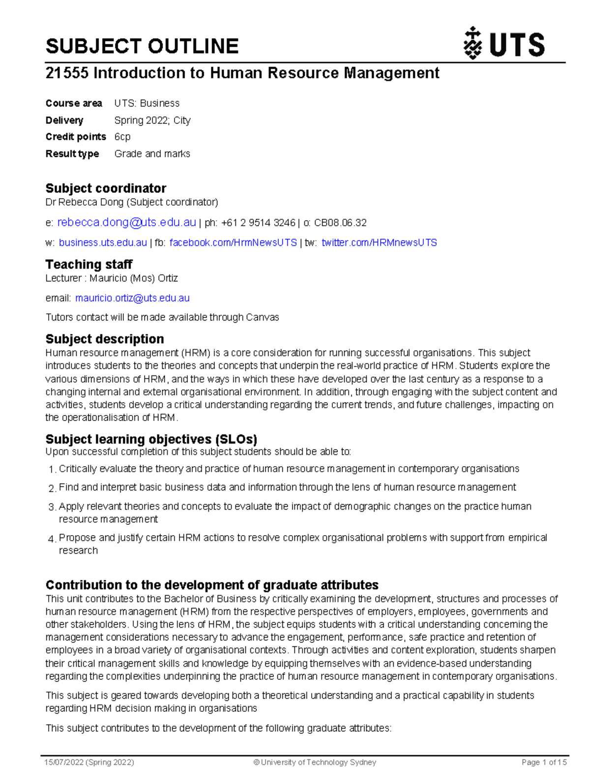 Intro HR sub outline - SUBJECT OUTLINE 21555 Introduction to Human ...