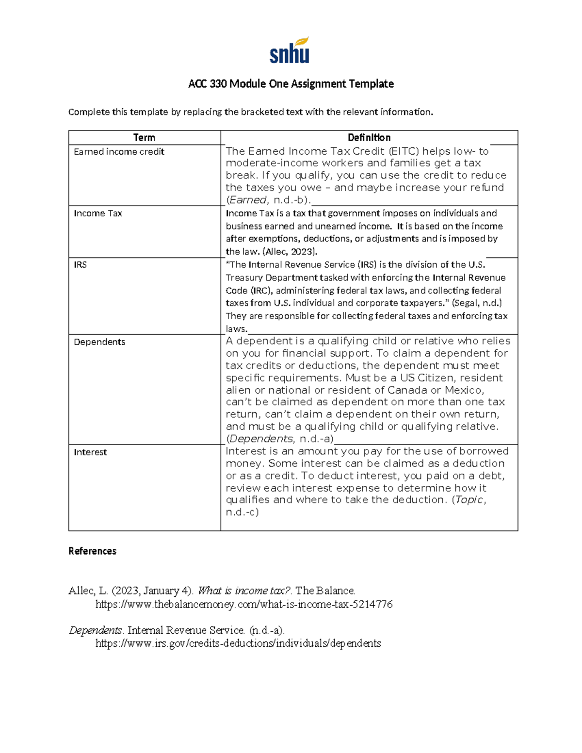 ACC 330 Module One Assignment Template - ACC 330 Module One Assignment ...