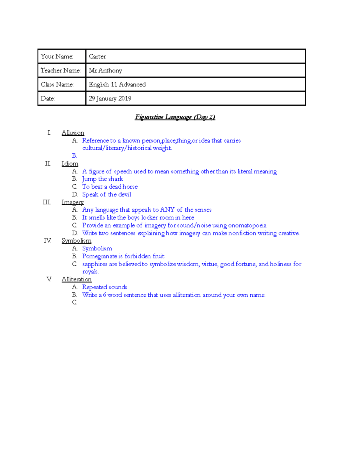 Carter Hawes - Figurative Language Notes (Day 02) (Allusion, Idiom ...