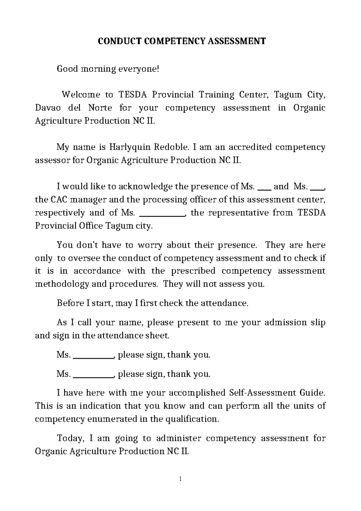 Script Conduct Competency Assessment 1 Revised - CONDUCT COMPETENCY ...