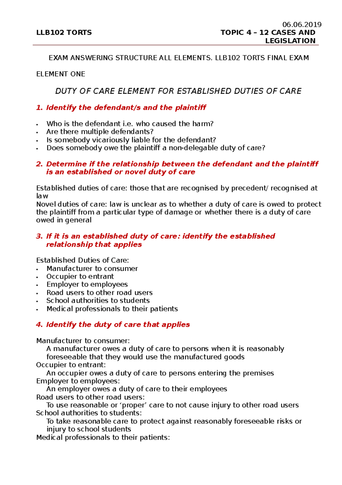 Exam answer structure all elements llb102 - 06. LLB102 TORTS TOPIC 4 ...