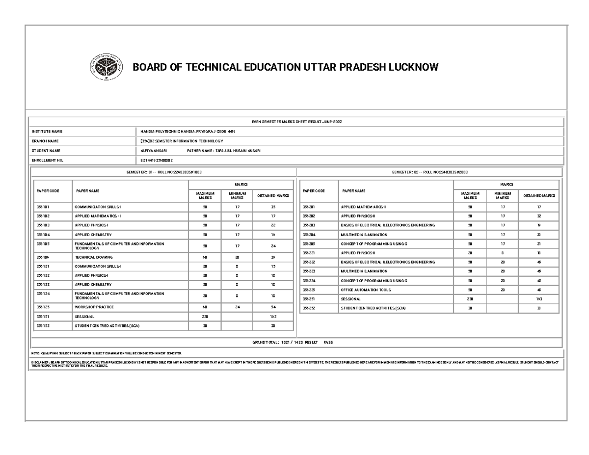 Https result 22.bteevaluation.co - BOARD OF TECHNICAL EDUCATION UTTAR ...