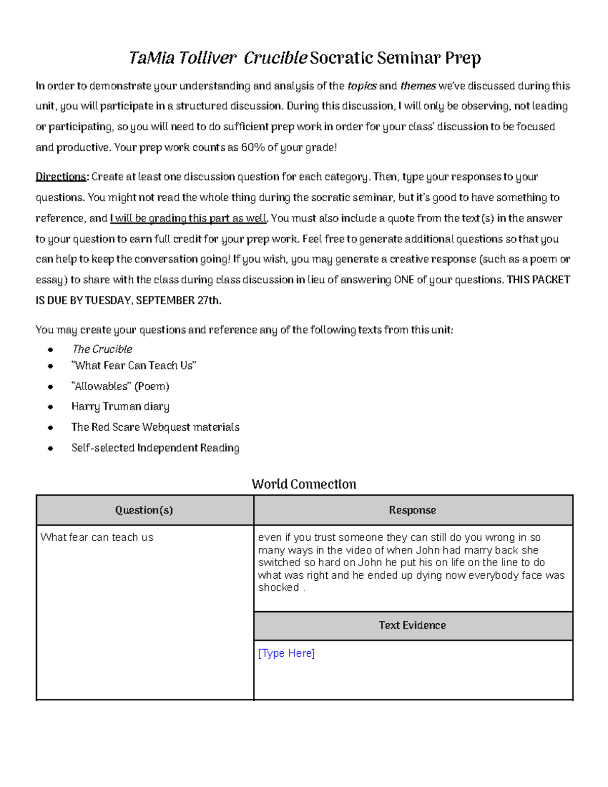 Tamia Tolliver Socratic Seminar Prep - TaMia Tolliver CrucibleSocratic ...