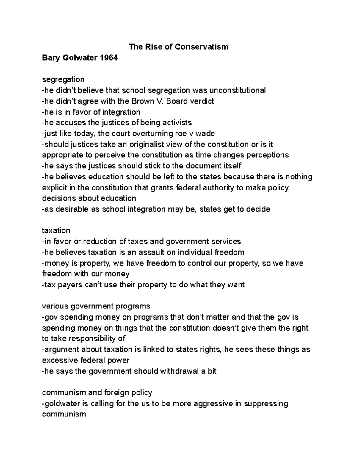 HIST 131 Notes - Professor Andy Strathman - The Rise of Conservatism ...