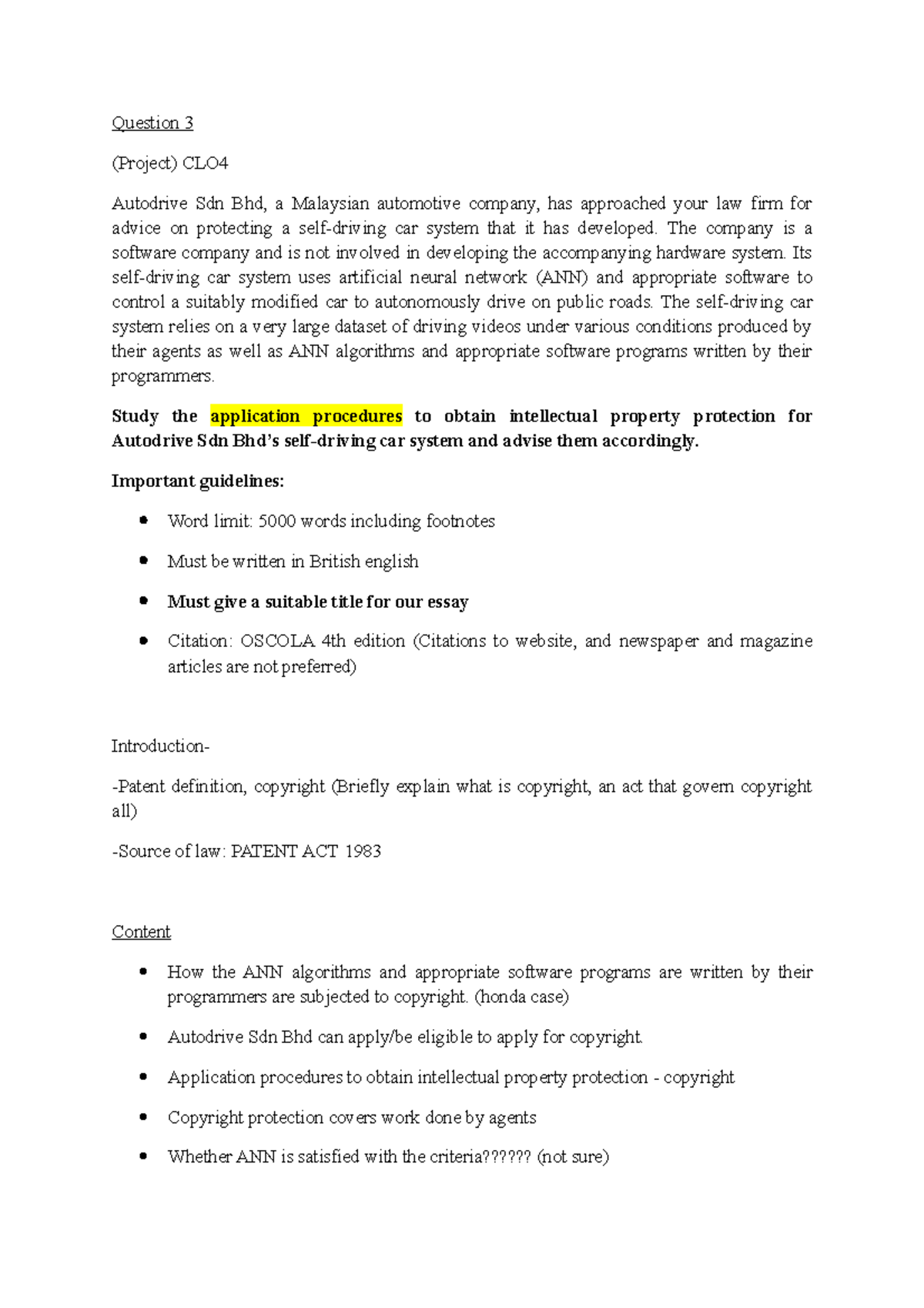 IP Assignment Outline for guidance - Question 3 (Project) CLO Autodrive ...