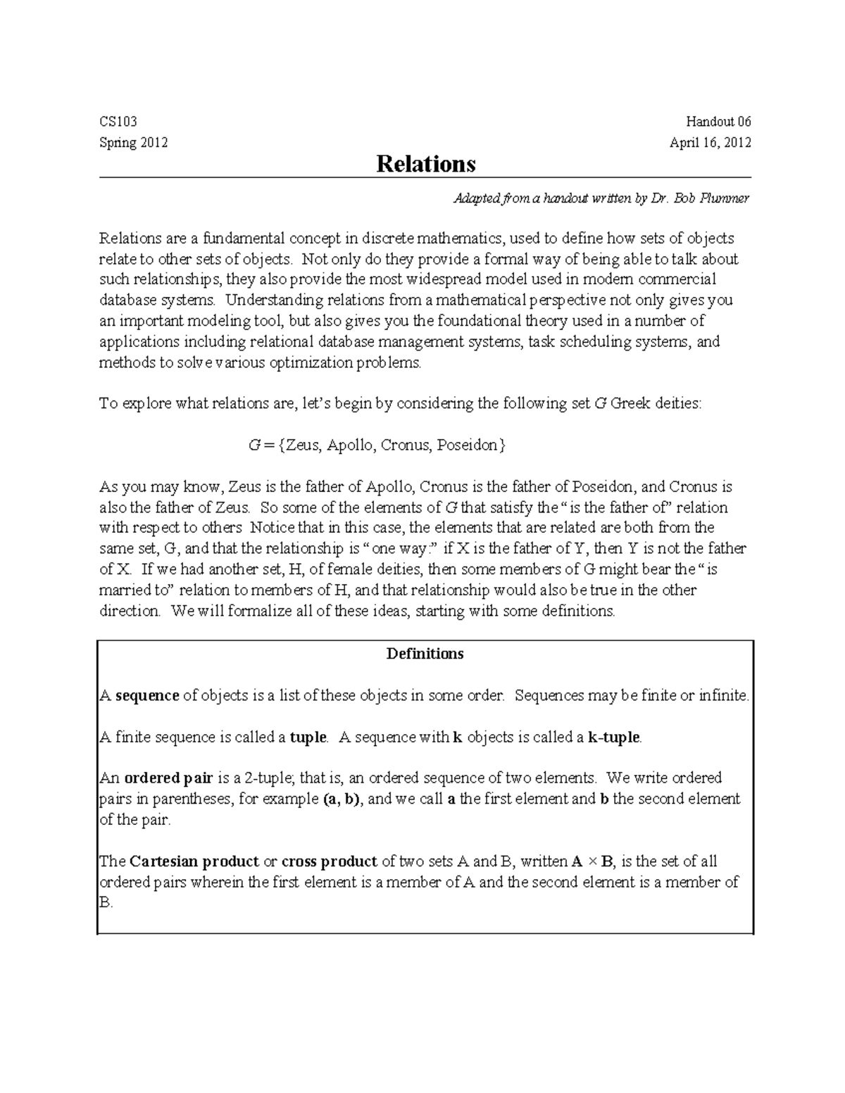 060 Relations - better notes - CS103 Handout 06 Spring 2012 April 16 ...
