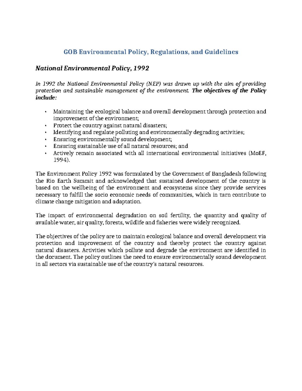 Environmental Policy, Regulations, and Guidelines - The objectives of ...