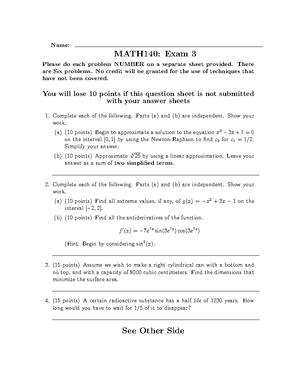 Sample exam 1 math 140 - calc 1 prac exam - Sample Exam 2 MATH 140 ...